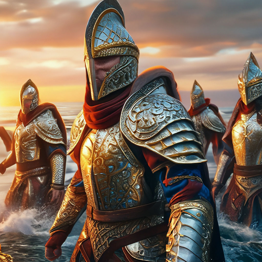 "33 heroes in Russian armor, coming out of the seething sea, at sunset ...