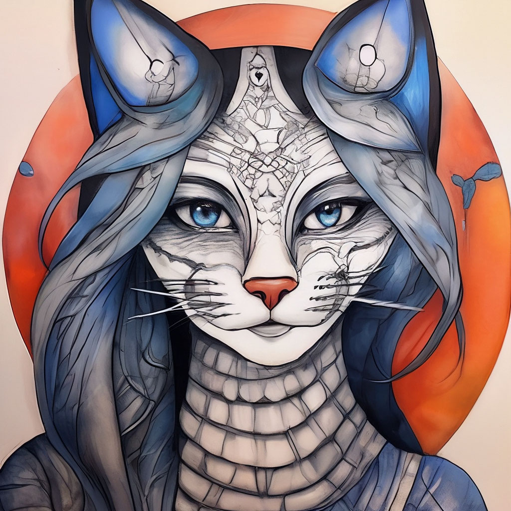 "Acrylic ink drawing of a beautiful cat woman with a gentle smile ...
