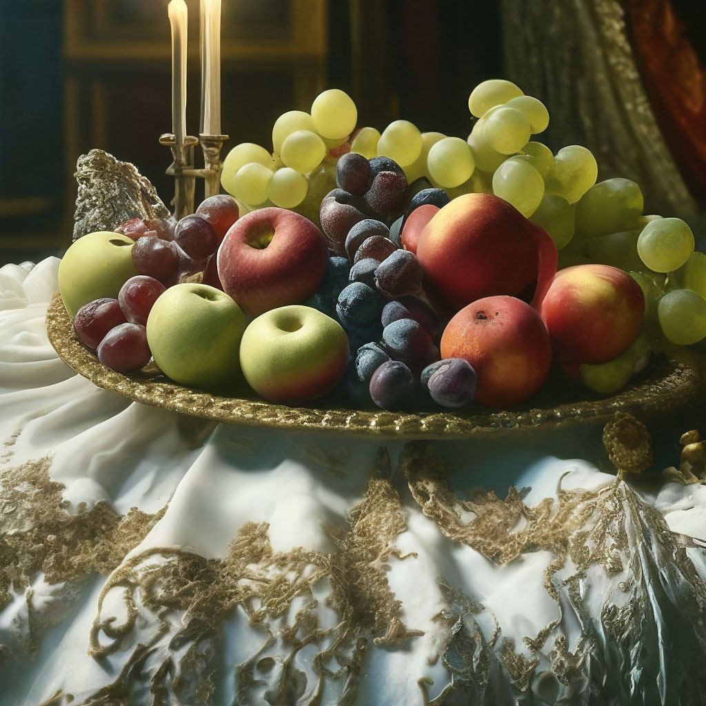"On the lace tablecloth lies a cornucopia of realistic, 8k, high ...