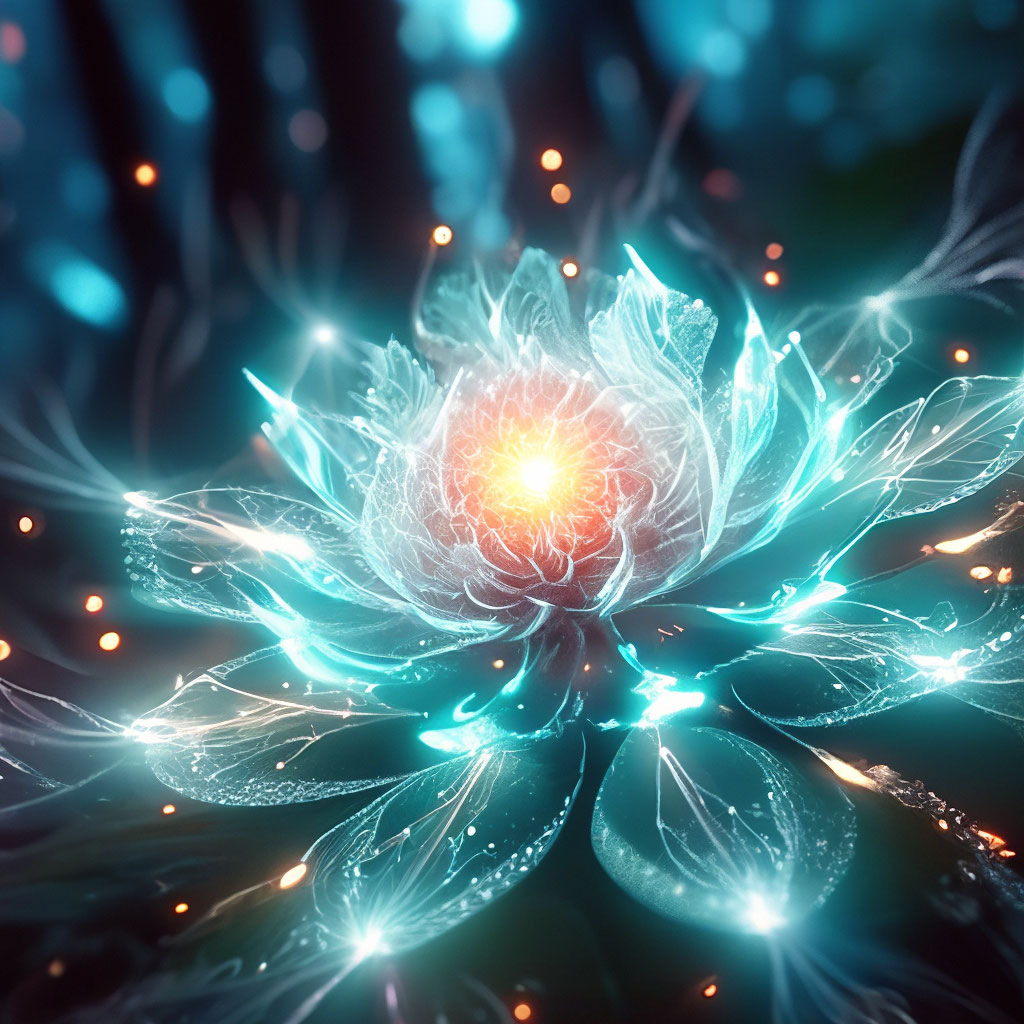 "Fabulous flower, petals made of plasma threads, a plasma sphere glows ...