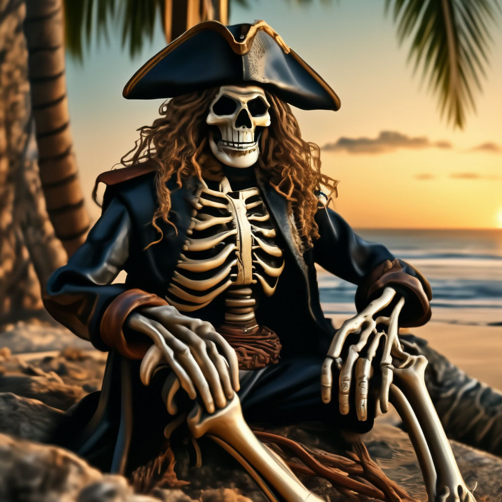 "☠️☠️☠️ the skeleton of a pirate sits by a palm tree, aesthetically ...