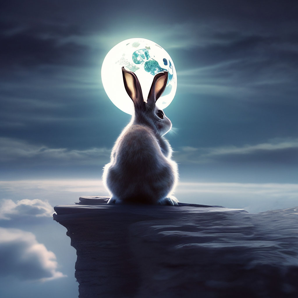 "A magical rabbit sits at the end of a cliff and looks at the moon.The ...
