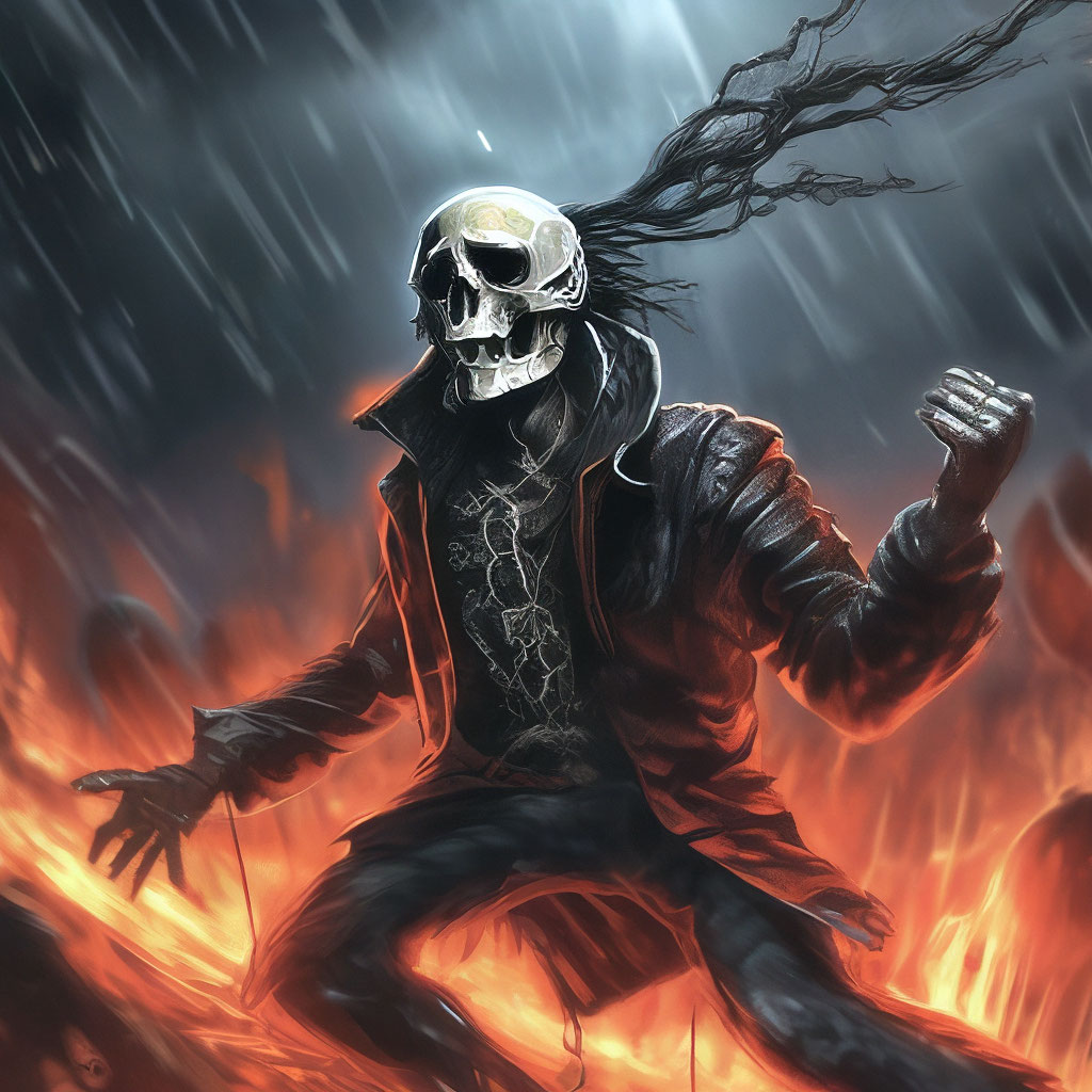 "Inferno , horror , darkness , heavy metal rocker skeleton in a ...