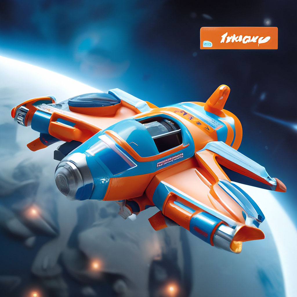 "An advertisement for a spaceship toy, on the packaging of the ...