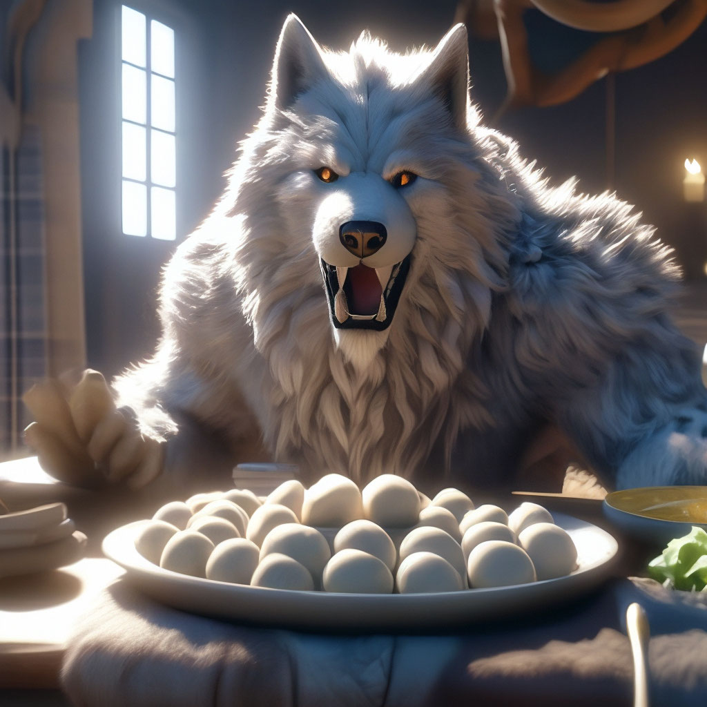 "A big woolly werewolf eats dumplings from a plate of Megarealism 4k ...