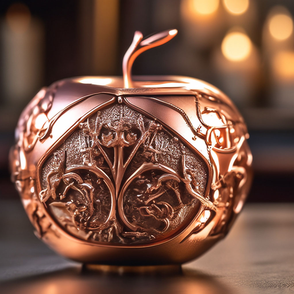 "Epic Apple, Gothic, Copper , Style,Intricate art, Subdued Lighting ...
