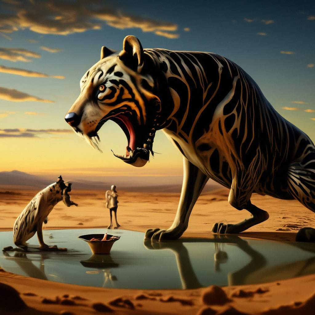 "The food chain in action, in the style of Dali. The big one eats the ...