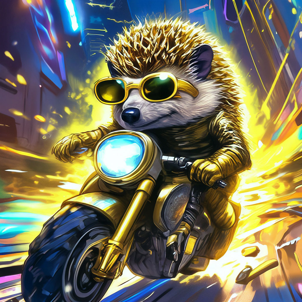 "Hedgehog in gold glasses on a motorcycle" — image created in Shedevrum