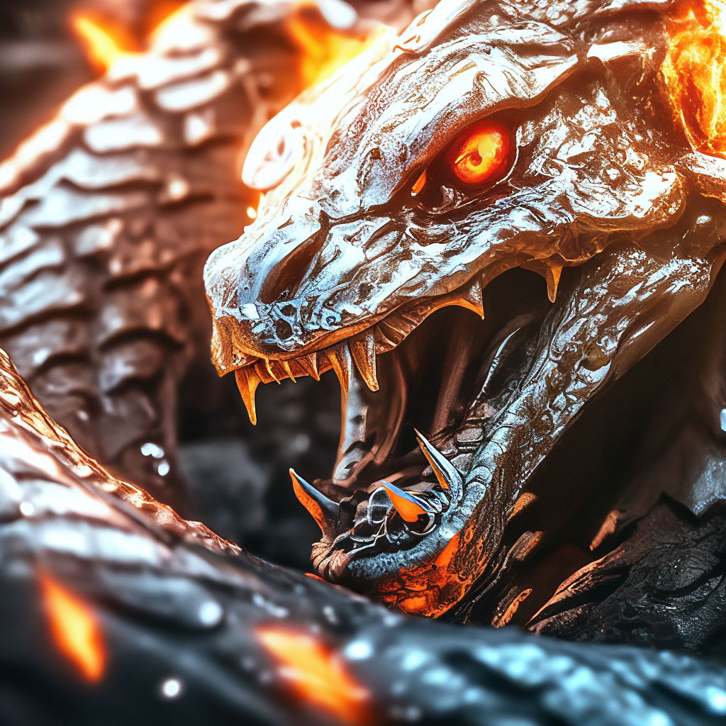"Hyper realistic beautiful fiery, consisting of stone snakes cobra ...