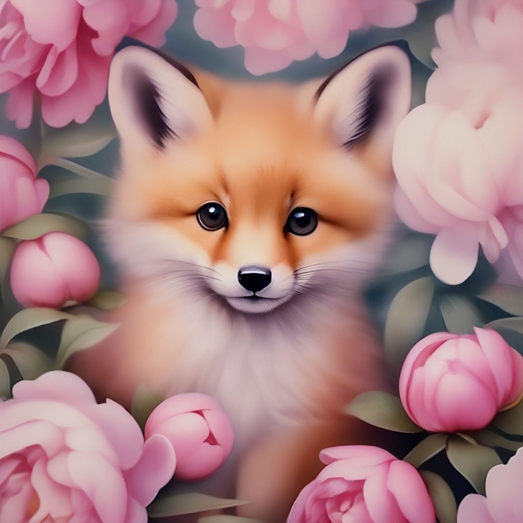 "Fox cub in pink peony flowers, pastel colors, cute" — image created in ...