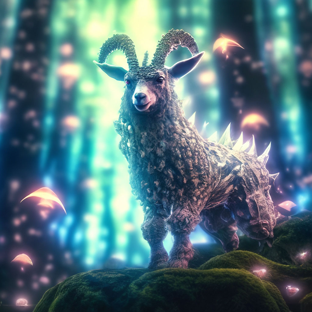 "A fractal fairy goat in a mystical luminescent forest" — image created ...