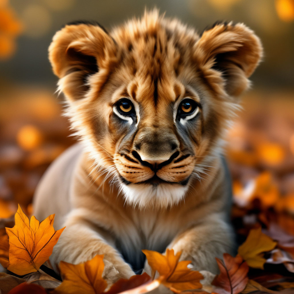 "Mimic lion cub, autumn, hyper-realistic, hyper-detailed, hyper ...