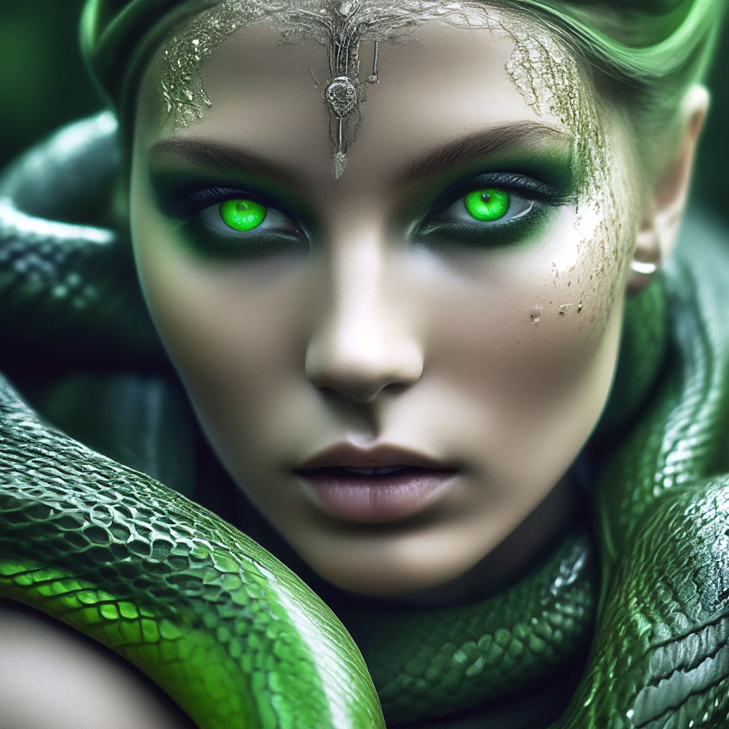 "Amazingly beautiful girl with snakes instead of hair,green eyes ...