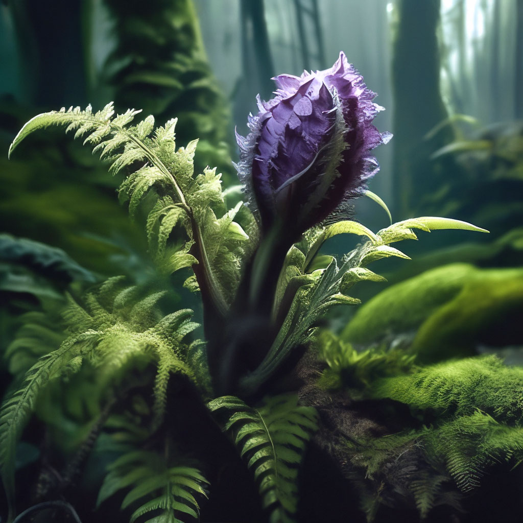 "Fantasy, fern flower, dark botanical, photo-realism" — image created ...