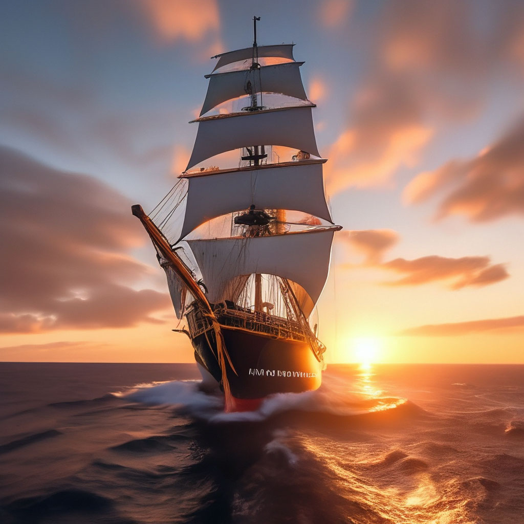 "Professional photo, realistic, soft lighting a large sailing ship goes ...