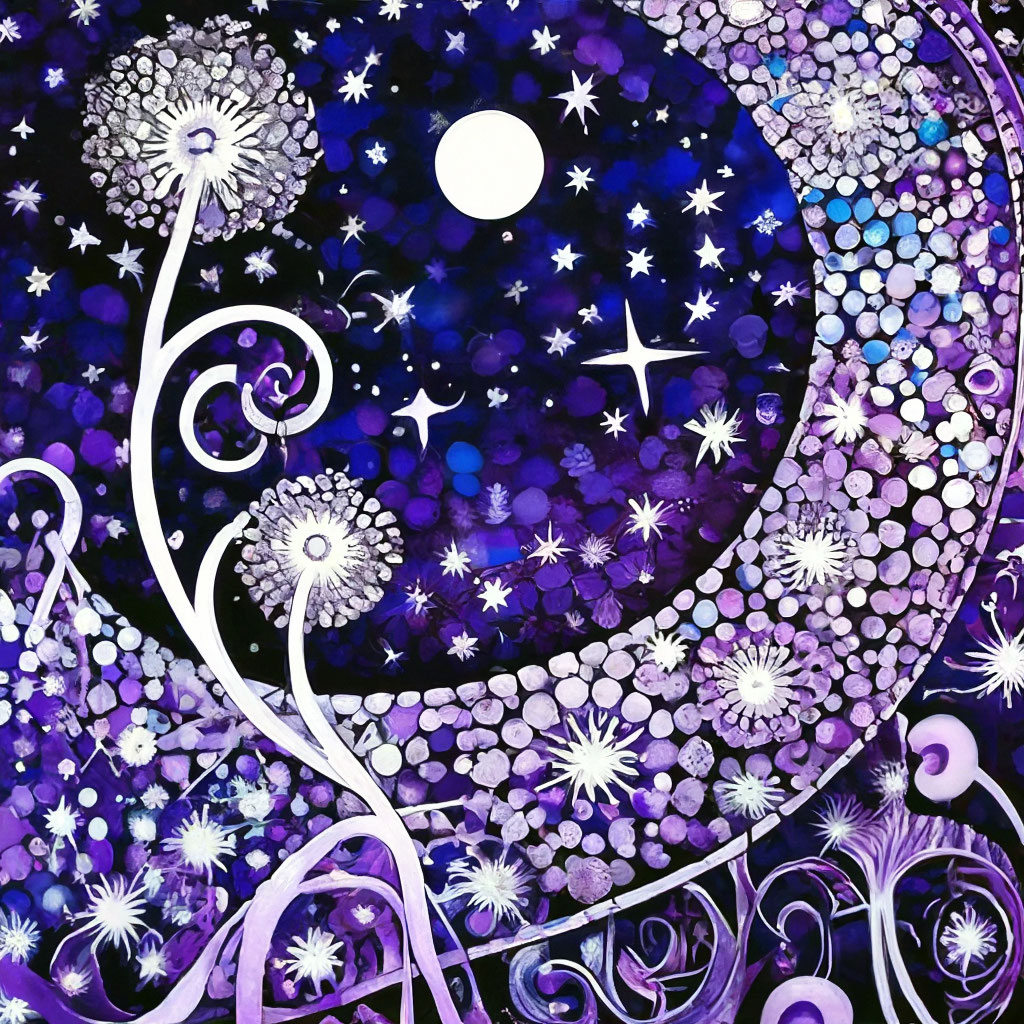 "Summer, field, night, dandelions, stars, moon, glow in the doodling ...