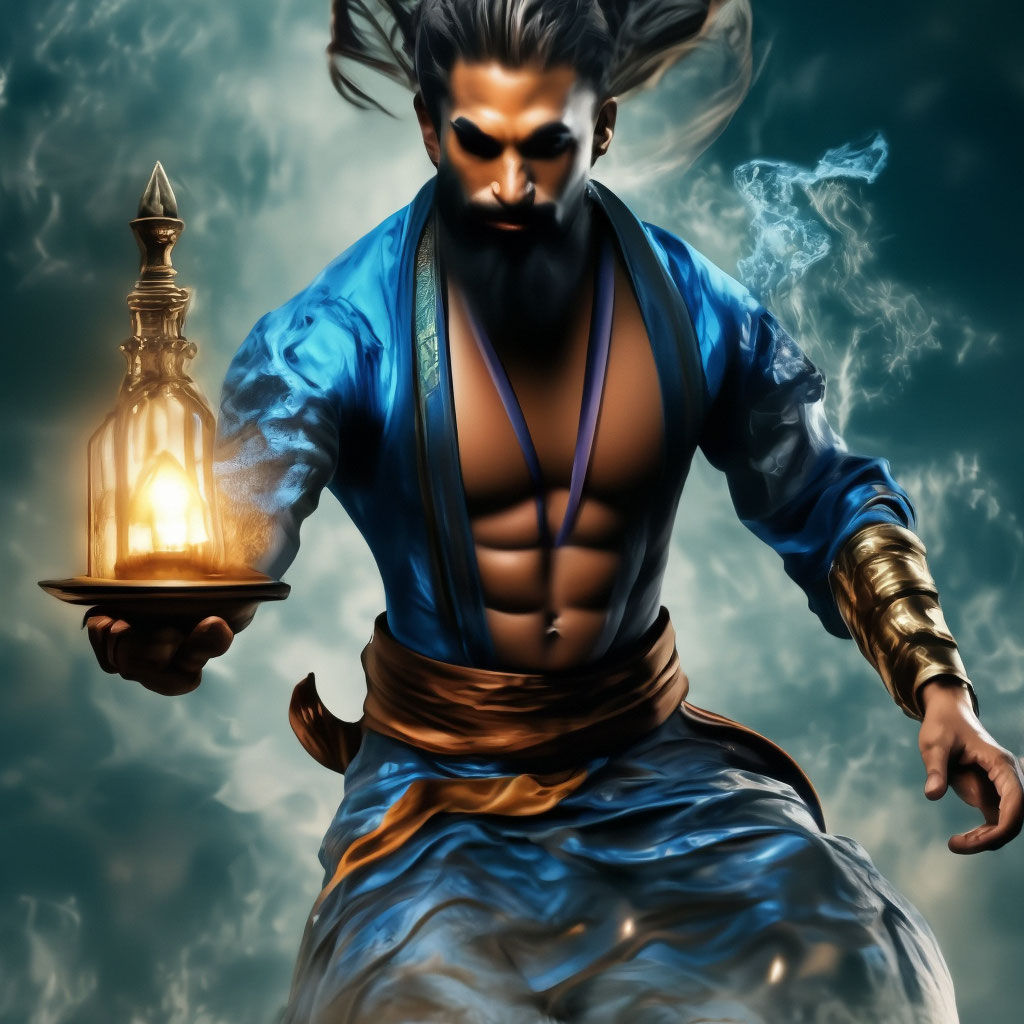 "A genie in the form of a blue man. flew out of the lamp. floating in ...