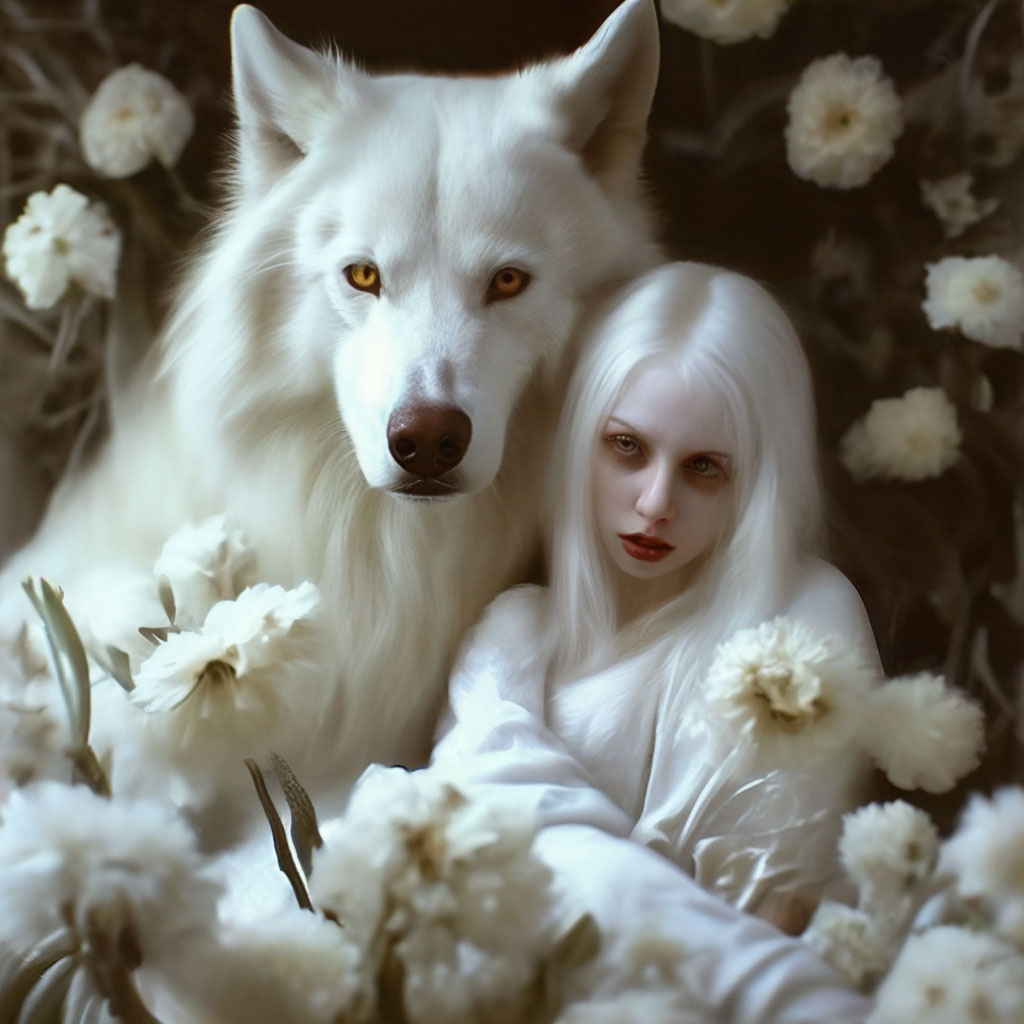 "A white creature is a symbiosis with an albino wolf, sitting on a ...