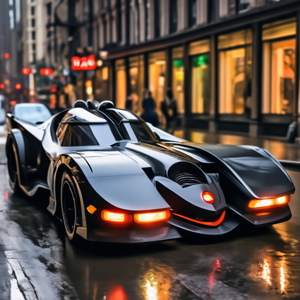 "The batmobile on the streets of Gotham" — image created in Shedevrum