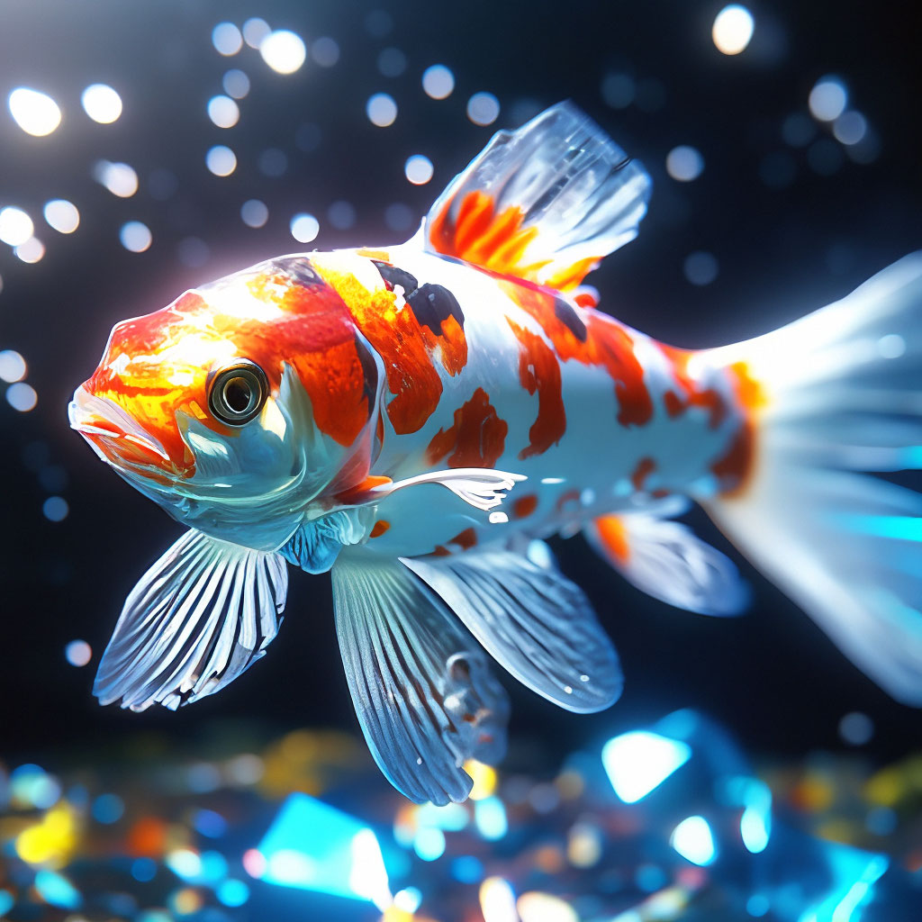 "Hyper realistic crystal small koi fish that swims in an aquarium ...