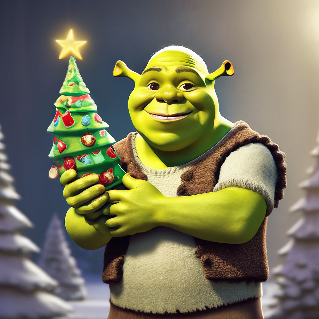"Cute little Shrek with a Christmas tree in his hands" — image created ...