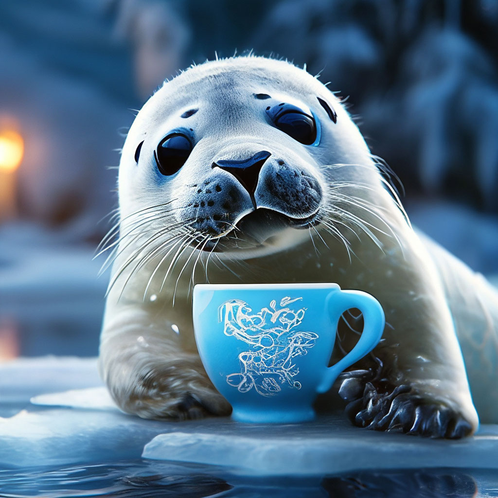"🫶 relaxed piragirita, blue-eyed seal drinking tea, with a sip, icy ...
