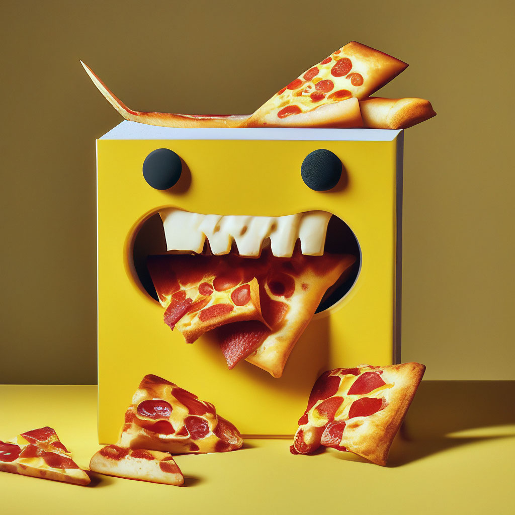 "Hungry pizza box with wings, teeth and tongue yellow tones" — image ...