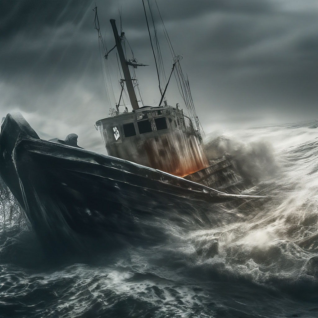 "Fishing boat in distress in the depths of the sea,storm, hurricane ...