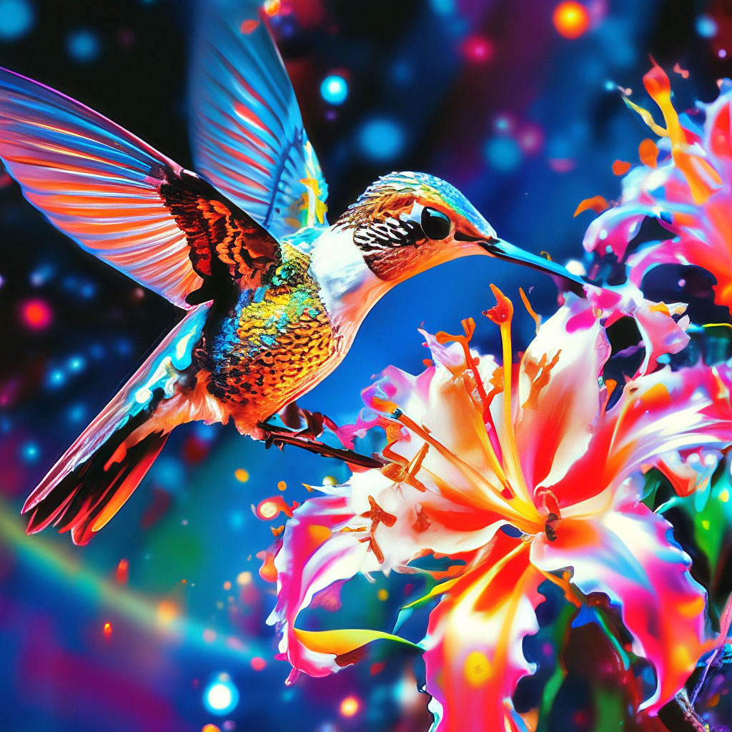 "Hummingbird drinks nectar from lilies, glitter, spectrum, radiance ...