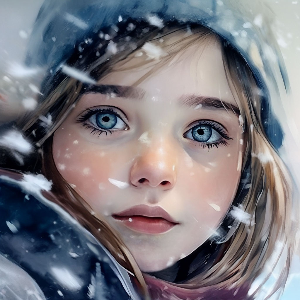 "Girl winter snow snowflakes on eyelashes watercolor" — image created ...