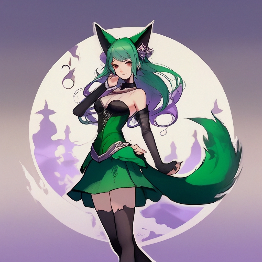 "Digital art, sketch art, adult fox demon girl, fox ears and tail ...