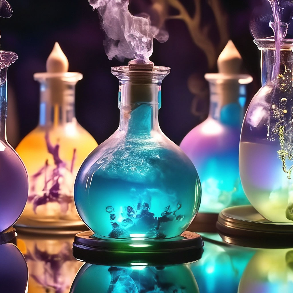 "Jars with potions, flasks, beautiful liquids" — image created in Shedevrum