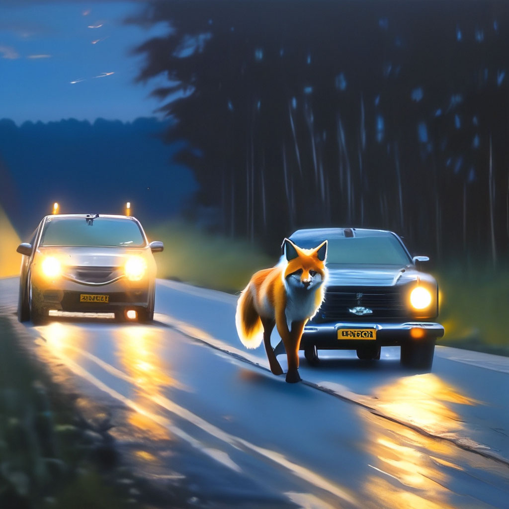 "Realistic shot of the Night, a fox running across the road in front of ...