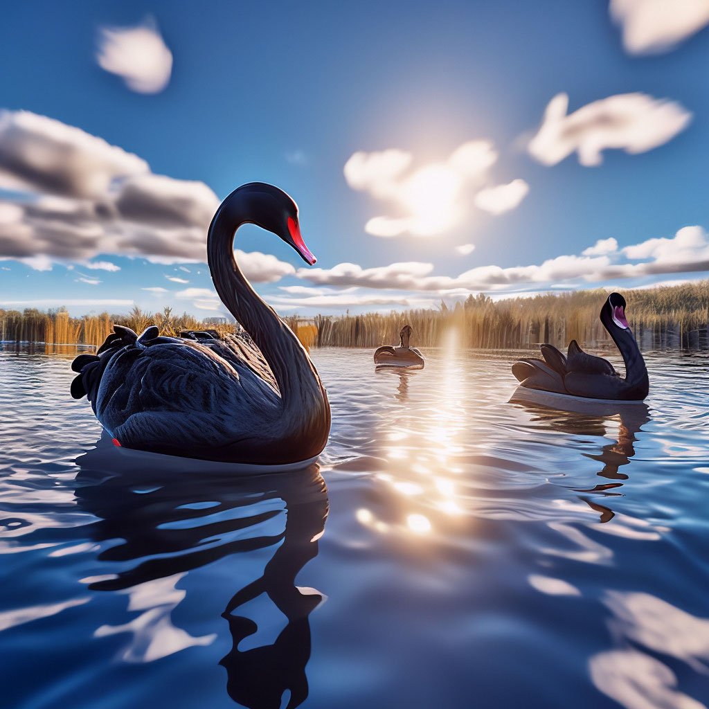 black swans,lake with blue water,reflections of the sun,sky in clouds ...