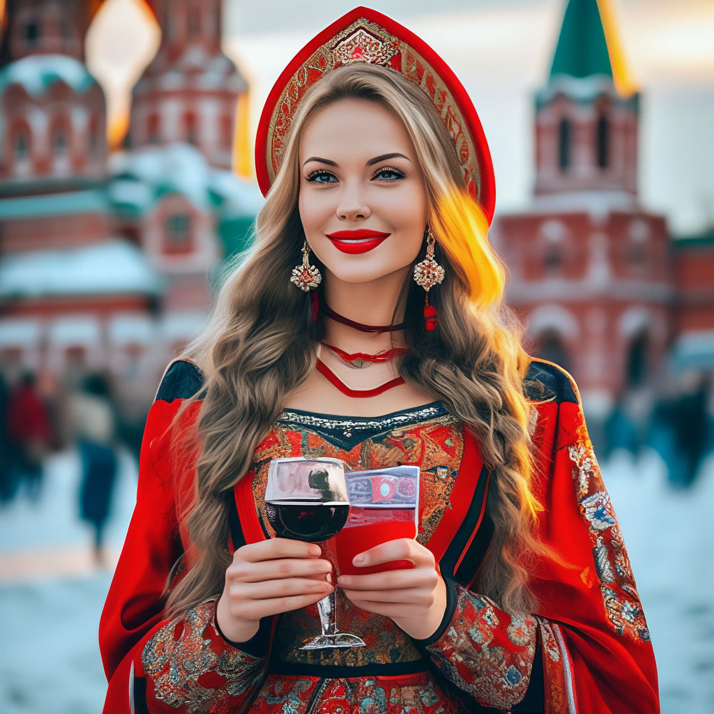 "A gorgeous Russian beauty in a national costume with a glass of wine ...