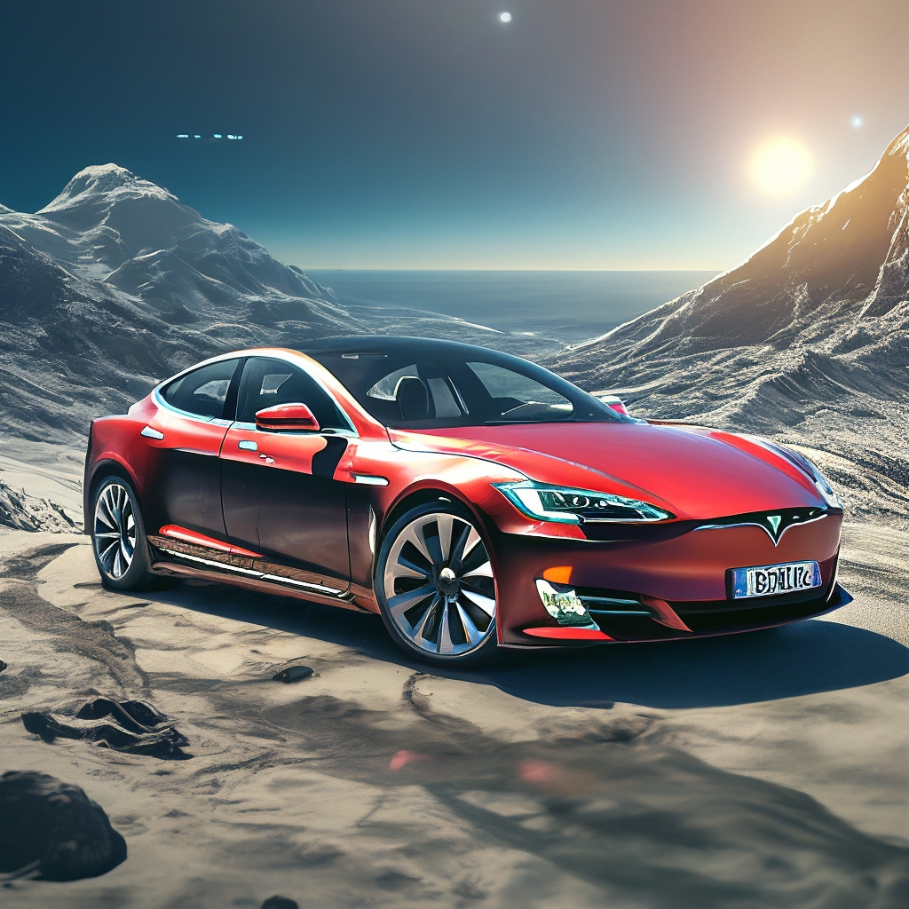 "Tesla's car is in space.large, superrealism, high detail, detailed ...