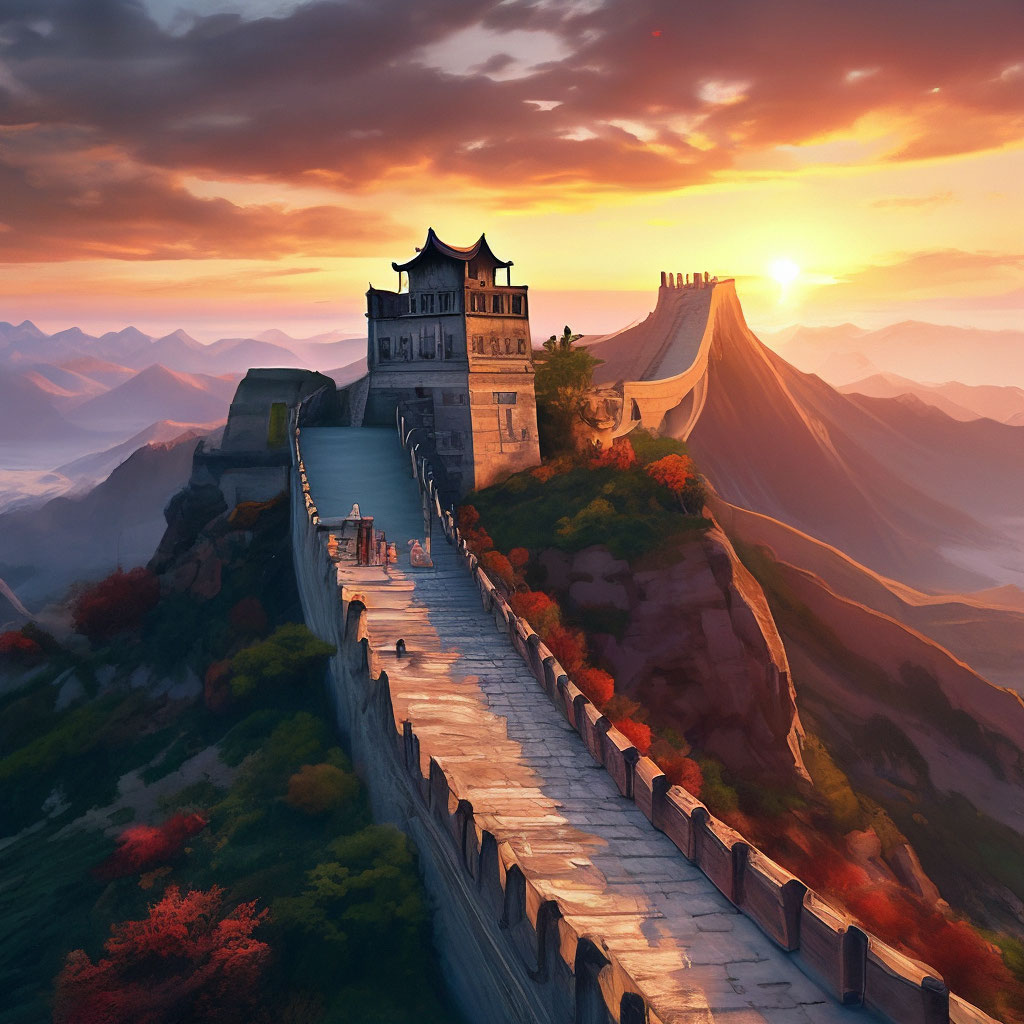 "Hyperrealism, the great Wall of china at sunset,beautiful, macro ...