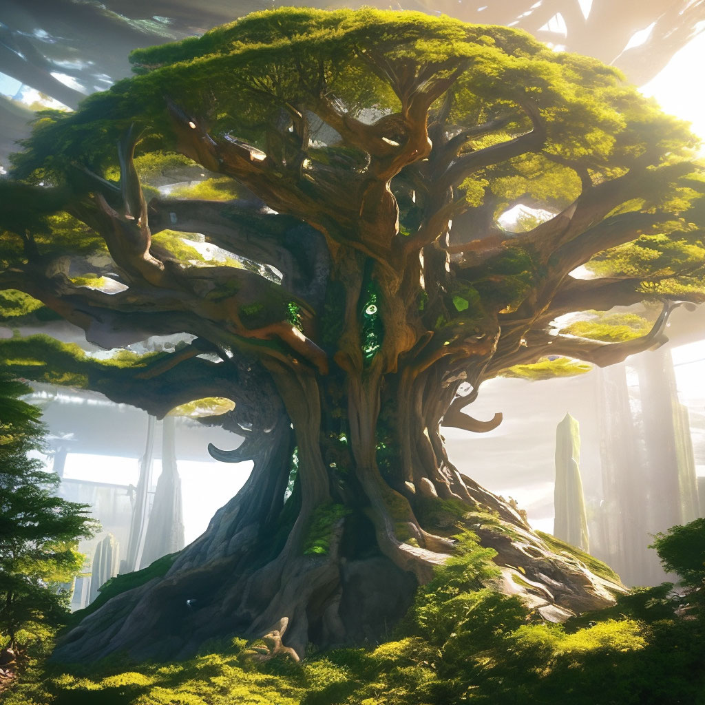 "The evil tree is an oak in the sunlight" — image created in Shedevrum