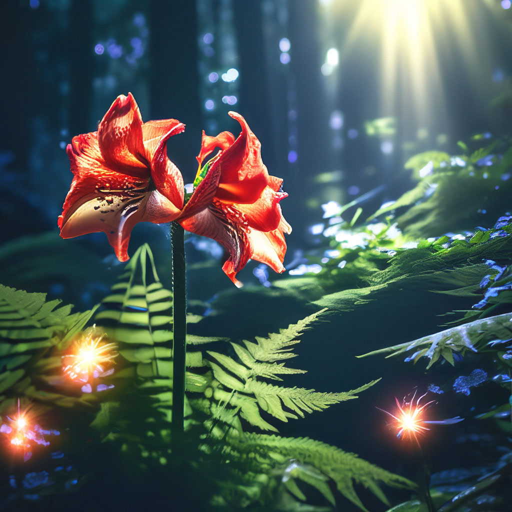 "Botanical metamorphosis amaryllis and fern in magic forest,view from ...