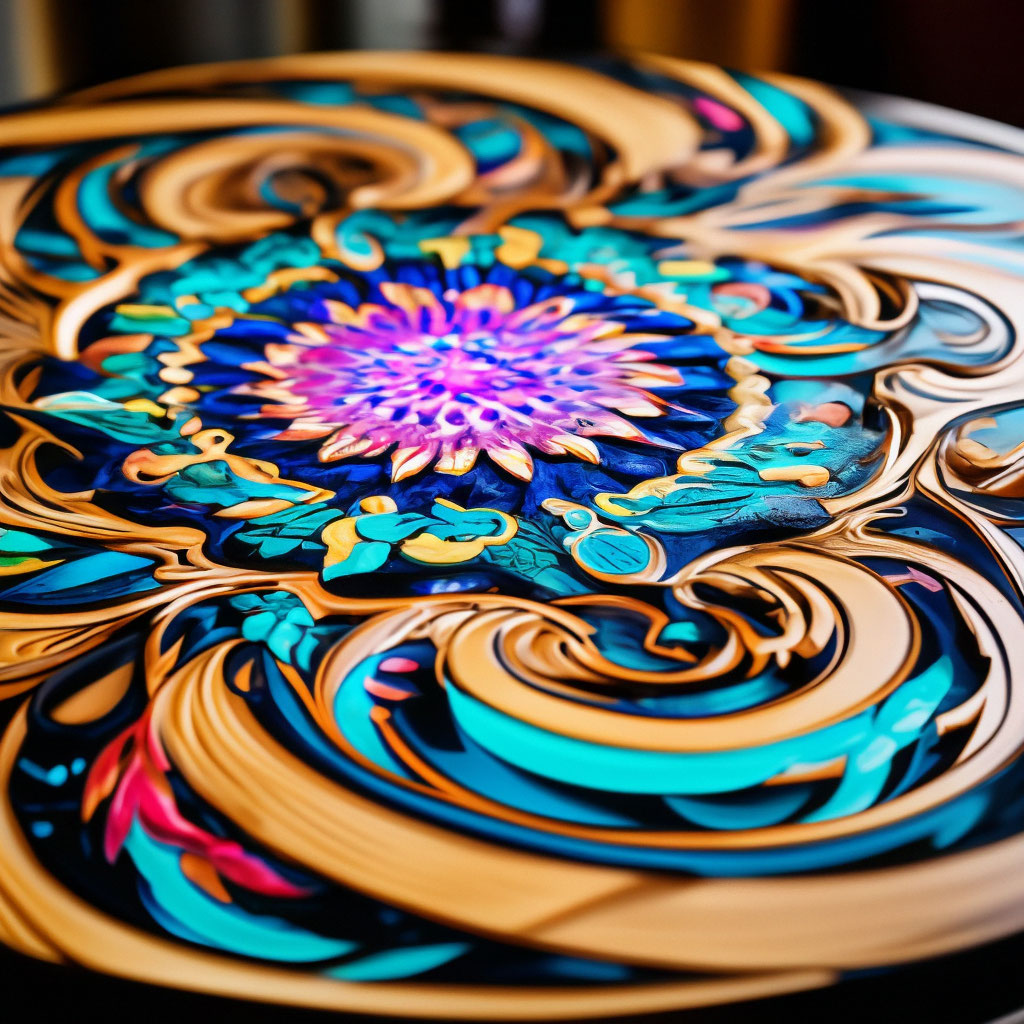 "Marquetry carved epoxy large table with neon magic ornament 3d ...