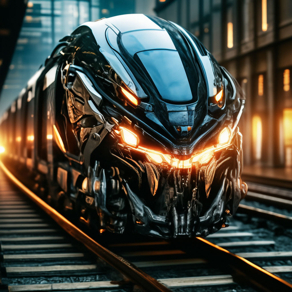 "Monstrously scary cunning evil hydraulic cyborg train, biomechanics ...