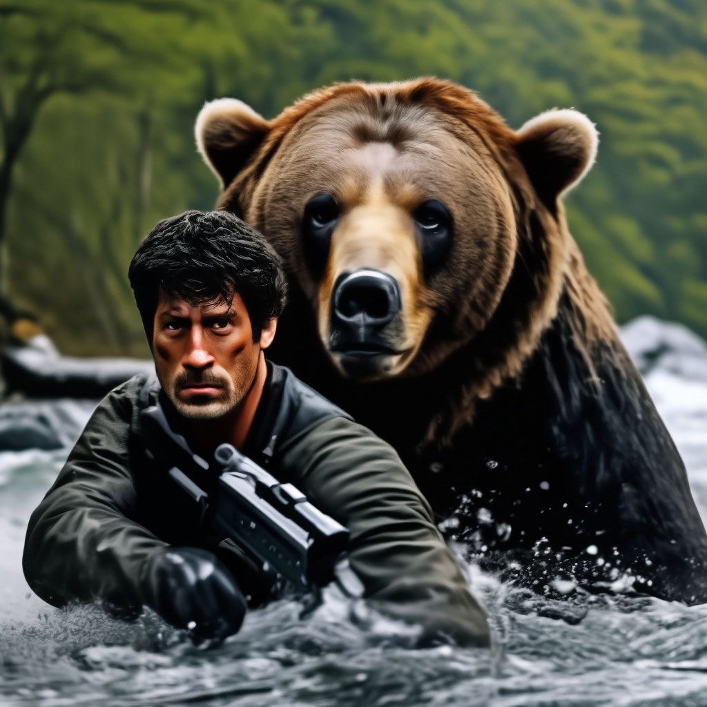 "Rambo the Bear, a legendary scene from the movie" — image created in ...