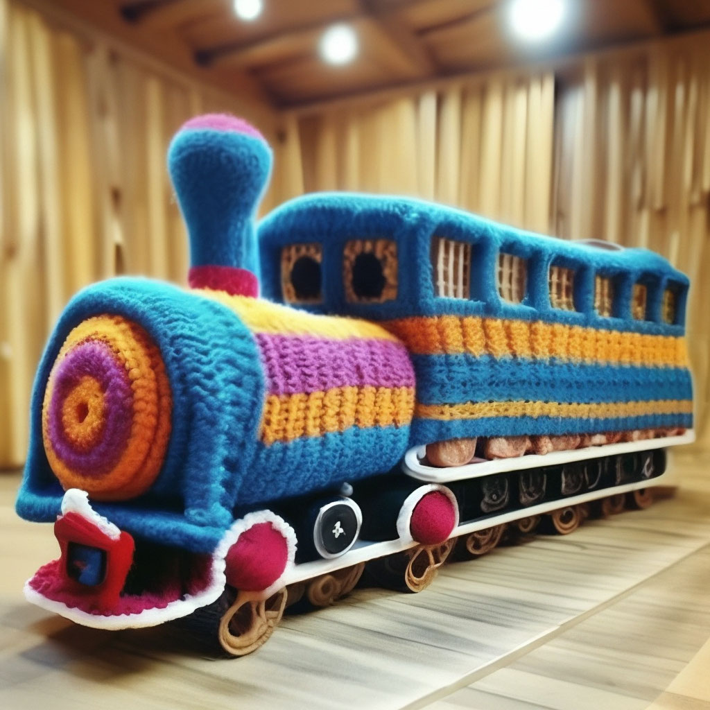"Big knitted train, beautiful, realistic" — image created in Shedevrum