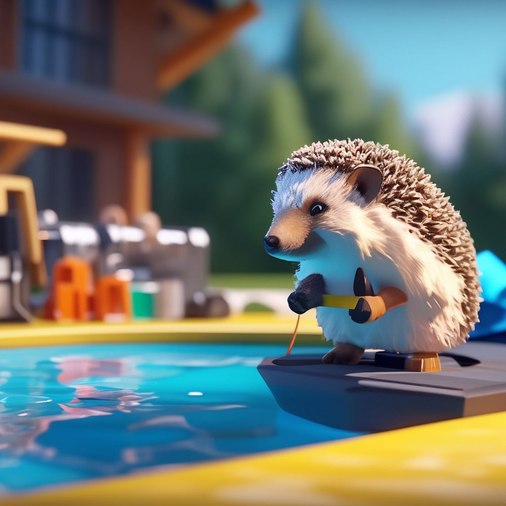 "A hedgehog in the form of a repairman repairs a swimming pool, next to ...