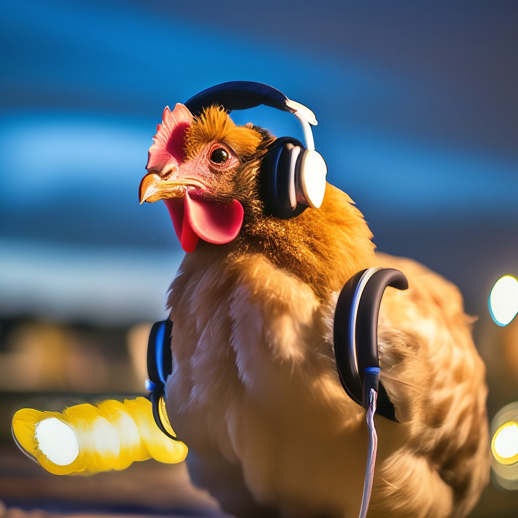 "Chicken with headphones listening to music in the evening" — image ...