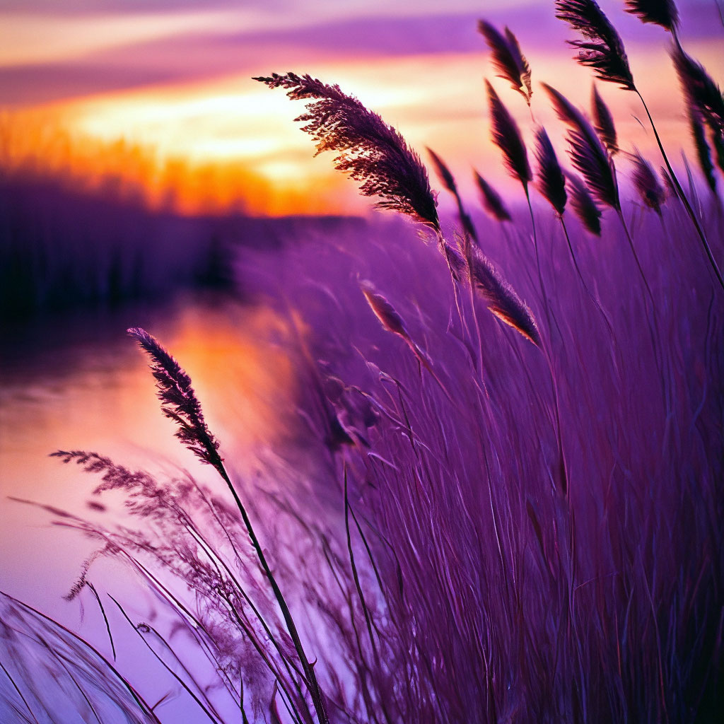"Purple river at sunset, reeds, Nouveau, dim lighting" — image created ...
