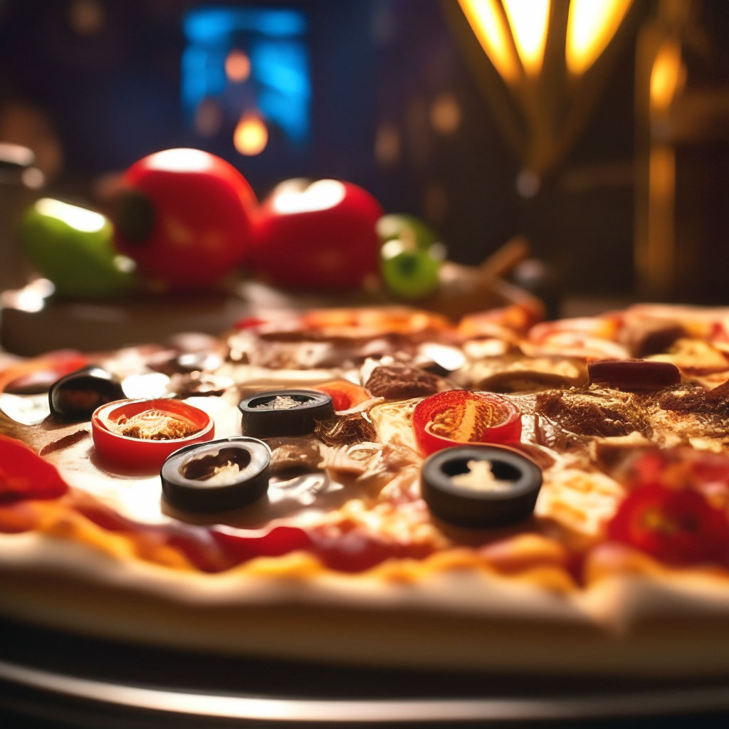 "Pizza Very appetizing pizza, , bright lighting, Dali style, 30mm lens ...