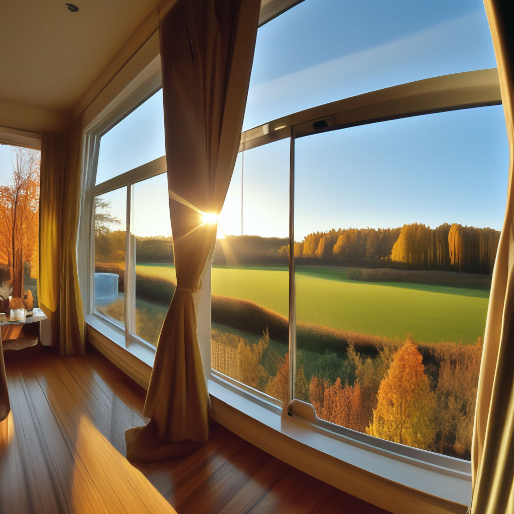 "Morning light, curtains open, autumn landscape outside the window, the ...