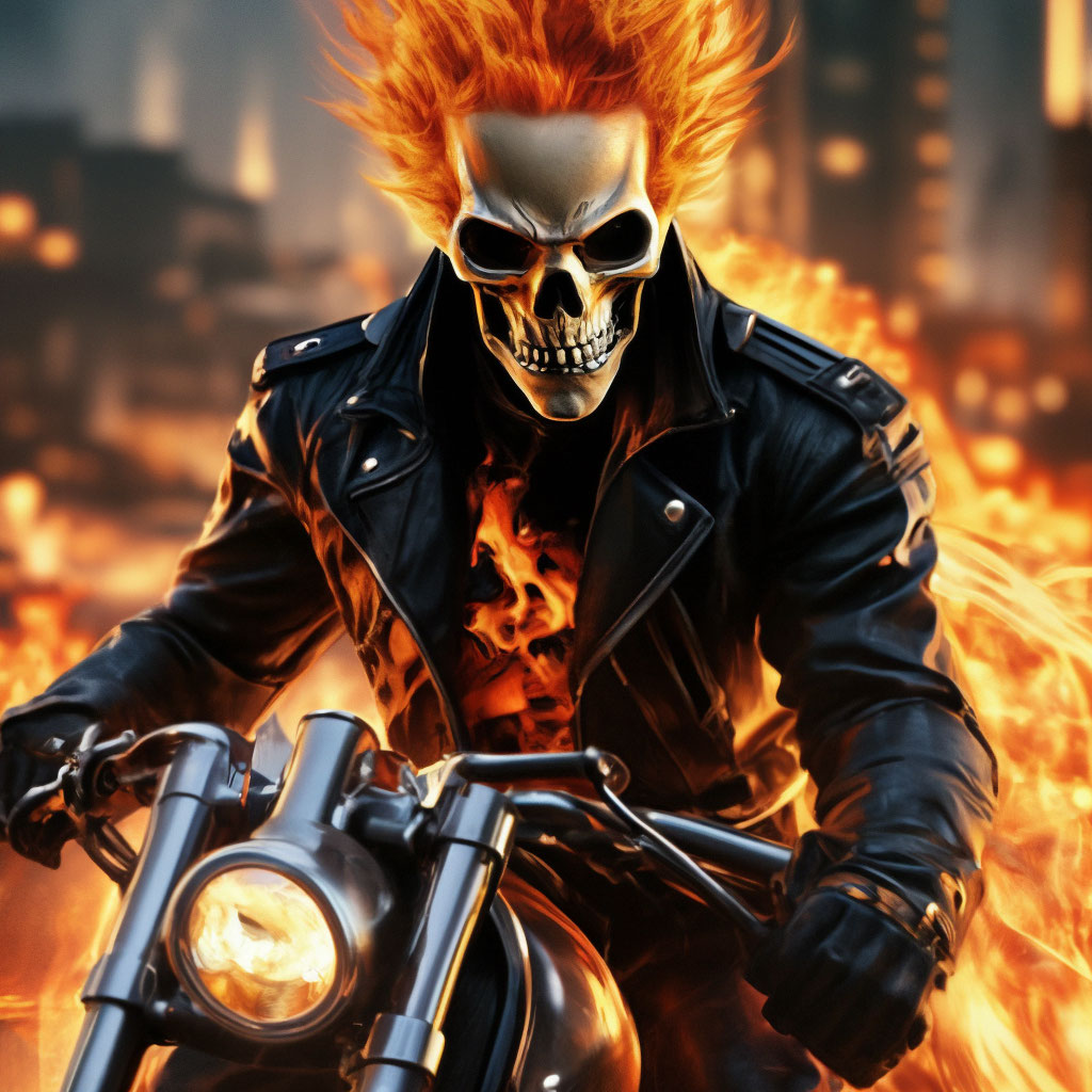 "Ghost rider with a skull,cyberpunk,powerful,translucent,red flame,full ...