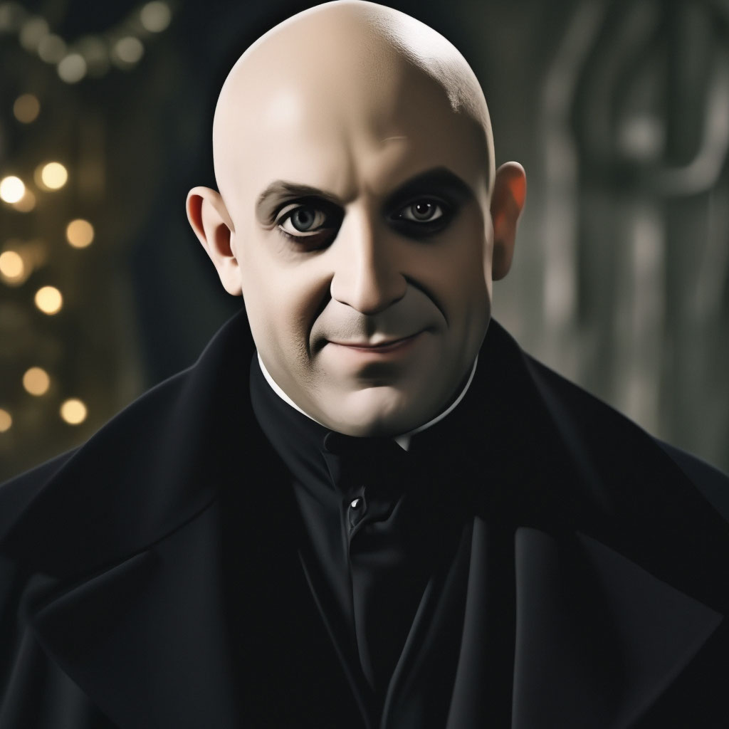 "Uncle Fester Addams, bald, pale, dark circles around his eyes, wearing ...